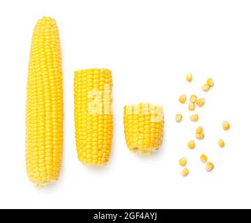 corn cob with yellow seeds of different sizes close up, sweet corn for ...