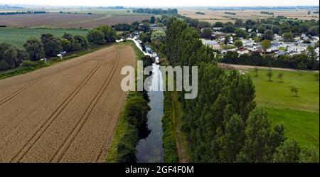 Aerial view looking along the Little Stour River, towards Plucks Gutter ...