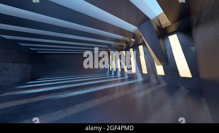 Three dimensional render of light pouring into empty concrete corridor ...