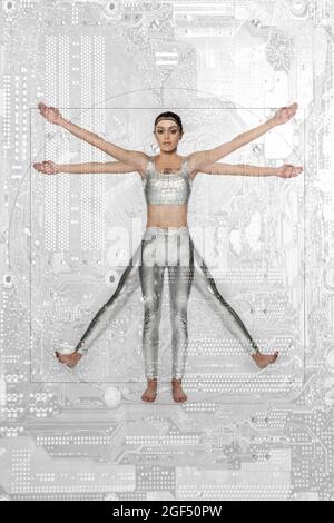 Young woman in Vitruvian position over blue background Stock Photo - Alamy