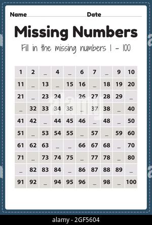 Kindergarten math worksheets, missing numbers 1 to 100 printable sheet ...