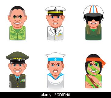 Army soldier icons set cartoon vector. Soldier in camouflage uniform ...