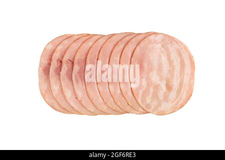 Front view of sliced smoked meat ham in vacuum package isolated on ...