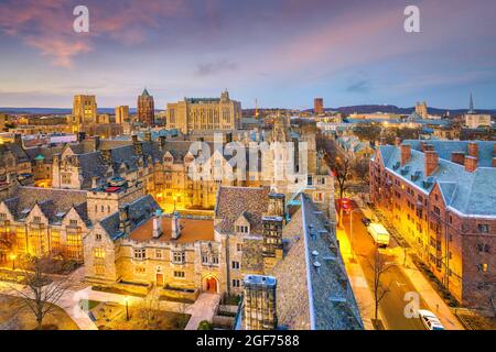 Historical building and Yale university campus in downtown New Haven CT ...