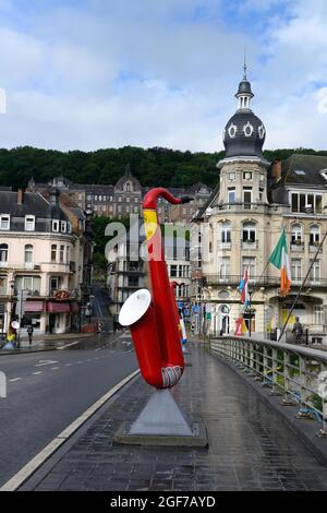 Saxophone memorial to Adolphe Sax, Dinant, Wallonia, Belgium, Europe ...
