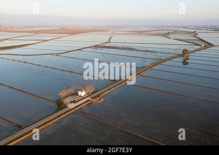 Small farm cottage amidst flooded rice fields in May, aerial view ...