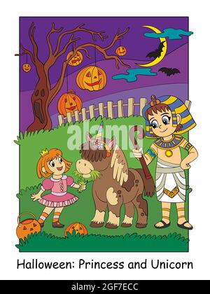 Cute unicorn in Egyptian princess and mummy costumes. Halloween concept ...