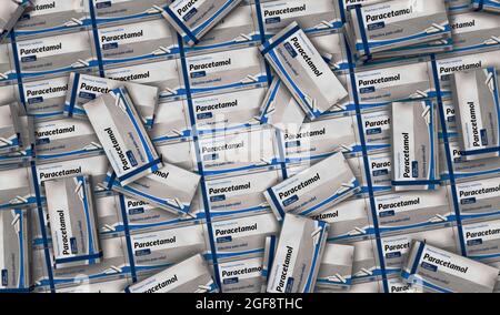 Paracetamol tablets box production line. Emergency painkiller, headache ...