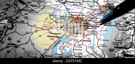 Map for travel to locations with pen pointing to destination view Stock ...