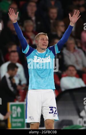 Sheffield, UK. 24th Aug, 2021. Luke Freeman of Sheffield Utd holds off ...