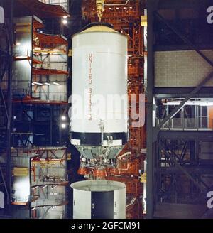 The first stage of a Saturn V rocket being erected in the Vehicle ...