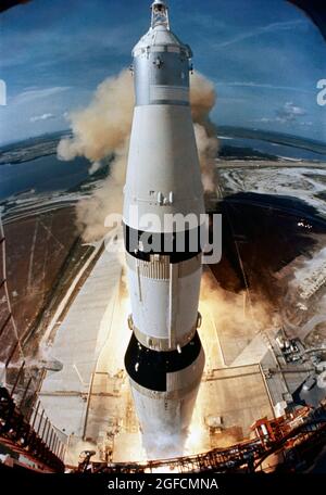 On July 16, 1969, the huge, 363-feet tall Saturn V rocket launches on the Apollo 11 mission from ...