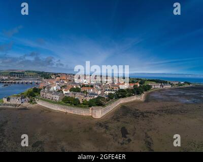Aerial view of the walled town of Berwick upon Tweed which is Englands ...