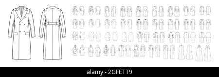 Set of coats, jackets, outerwear technical fashion illustration with ...