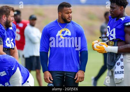 Los Angeles Rams defensive lineman Aaron Donald speaks with reporters ...