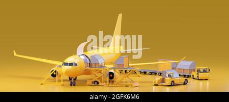 Loading unit load devices on cargo airplane in airport hangar. Aircraft ...