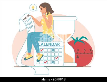 Business woman check calendar. Planning day, work month projects ...