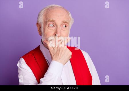 Photo of minded old happy positive man look empty space think imagine ...