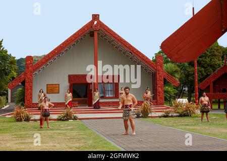 Maori Meeting House, wharenui, tekoteko on top, carved wood trim ...