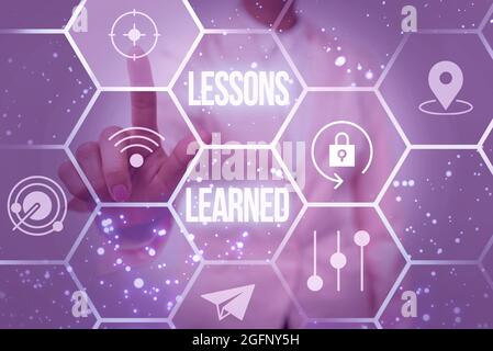 Sign displaying Lessons Learned, Concept meaning the knowledge or ...