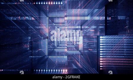 3D rendering of distorted square hallway with colorful neon lights ...