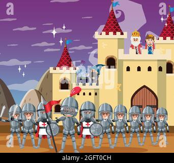 Medieval characters. Cartoon middle ages king, queen, princess, knights ...