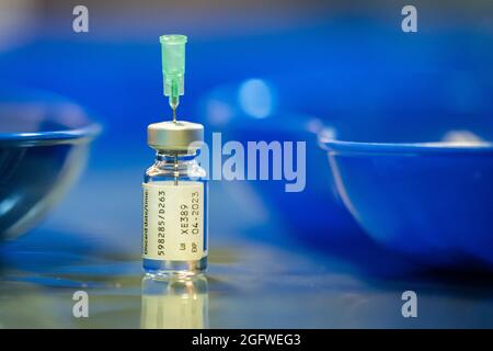 Bremen, Germany. 27th Aug, 2021. Prepared vaccine syringes containing ...
