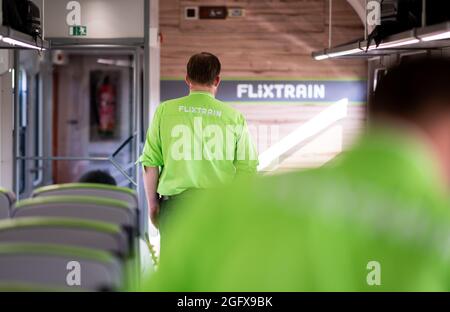 Hamburg, Germany. 24th Aug, 2021. A woman walks through a Flixtrain during a trip from Hamburg ...