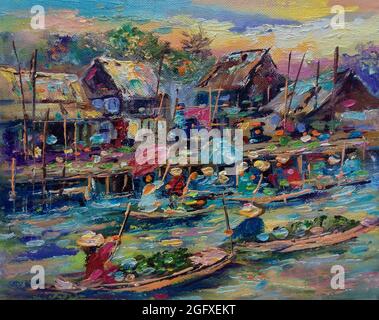 Art painting Oil color Floating market Thailand , countryside Stock ...