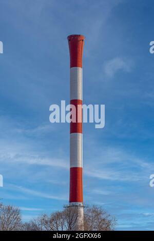 Red and White Tall Chimney at Thermal Power Plant Facility Stock Photo ...