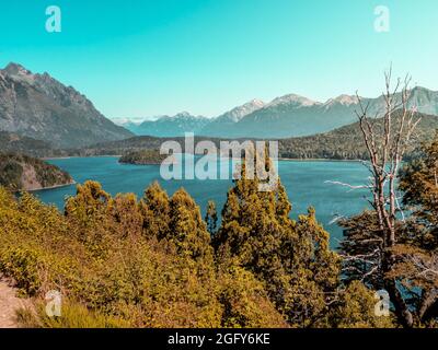 Beautiful view of the Moreno lake with coastal forest and high ...