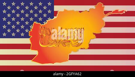 An outline map of Afghanistan and Taliban insignia gainst the ...