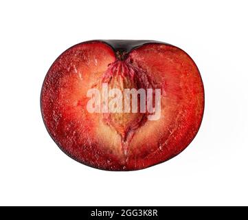 fresh red plum isolated on white background. Top view. Flat lay. Set or ...
