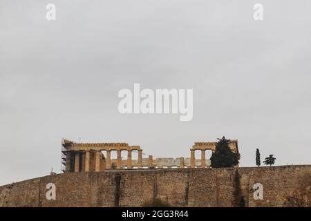 Marble retaining wall of the ancient Acropolis, Athens, Greece Stock ...
