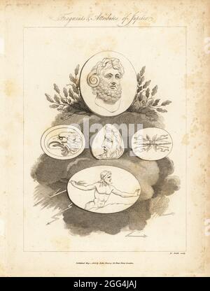 Fragments and attributes of Roman god Jupiter. Jupiter Ammon with horns ...