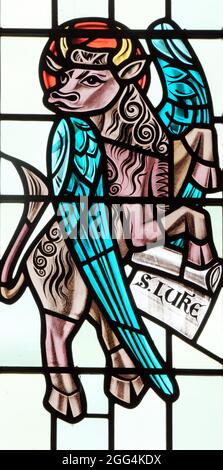 The winged ox symbol of St. Luke the Evangelist, statue on the facade ...