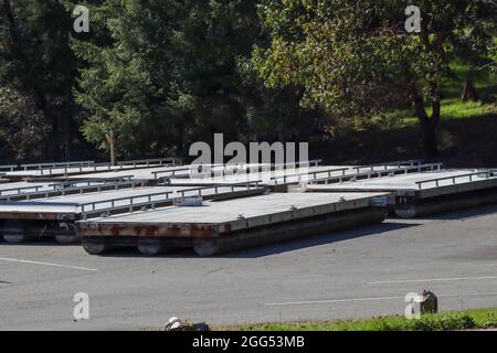 large concrete slabs of floating pier segments in a parking lot Stock ...