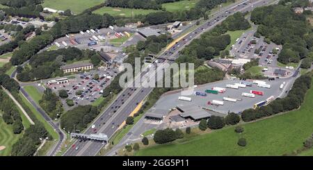 aerial view of Birch Services on the M62 motorway, Manchester Stock ...