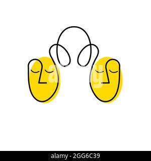 Two hand drawn human faces connected by single line. Abstract logo of ...