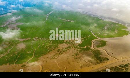 YANCHENG, CHINA - AUGUST 29, 2021 - Aerial photo of the shape formed by ...