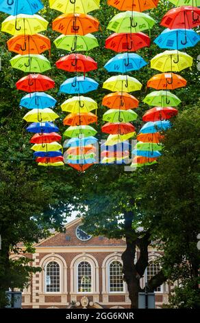The Umbrella Project, 200 brightly colored umbrellas on Church Alley in ...