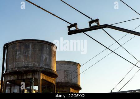 Water tanks on high steel stilts Stock Photo - Alamy