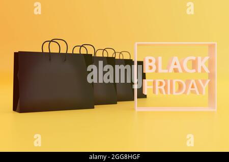3d illustration. black friday shopping bags 0n yewllow background ...