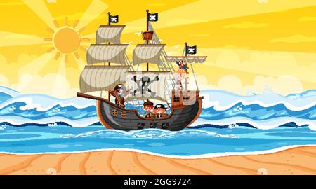 Beach with Pirate ship at sunset scene in cartoon style illustration ...