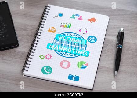 Global marketing concept drawn on a billboard fixed on a brick wall ...