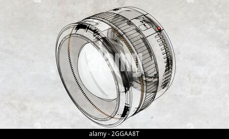 Transparent DSLR camera lens. 50mm F1.4. Cross-section and lens parts ...