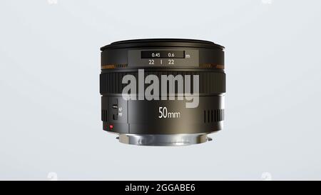 Transparent DSLR camera lens. 50mm F1.4. Cross-section and lens parts ...