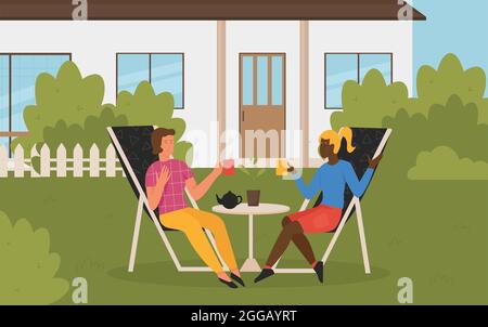 Neighbors party cartoon vector illustration with young happy families ...