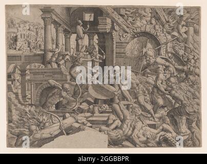 Sack of Troy, Trojan war, Greek mythology. 19th century illustration in ...