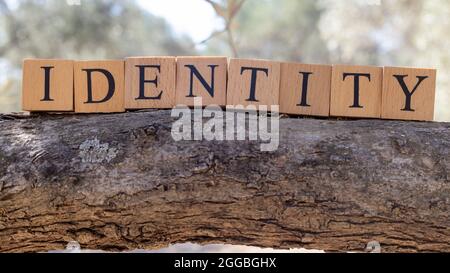 The word IDENTITY was created from wooden cubes. Photographed on the ...